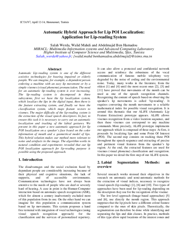 (PDF) Automatic Hybrid Approach for Lip POI Localization: Application for Lip-reading System