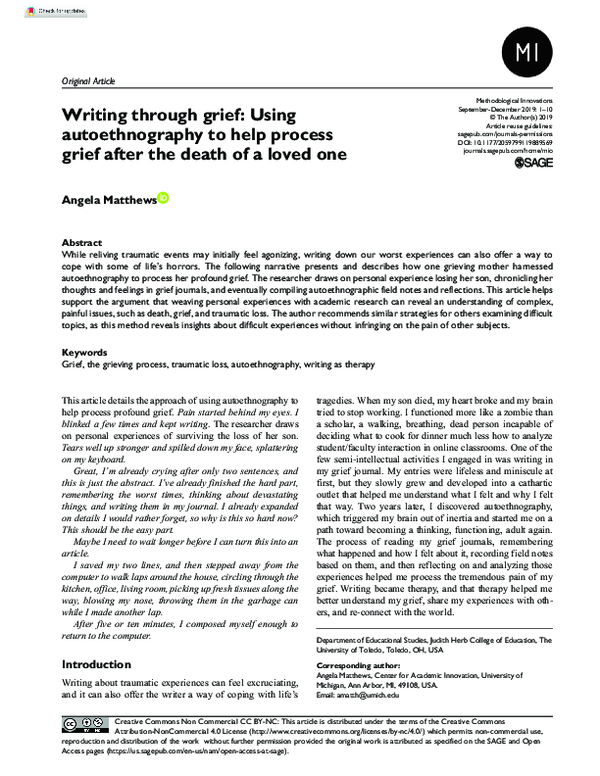 (PDF) Writing through grief: Using autoethnography to help process ...