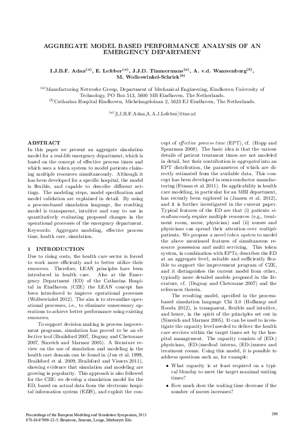 (PDF) Aggregate Model-Based Performance Analysis of an Emergency Department