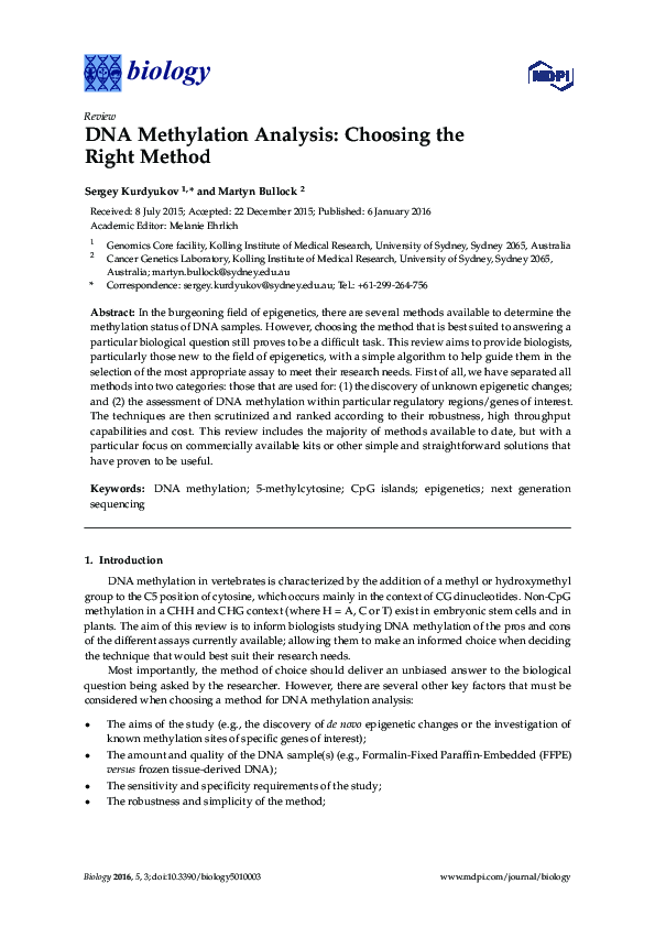 (PDF) DNA Methylation Analysis: Choosing the Right Method