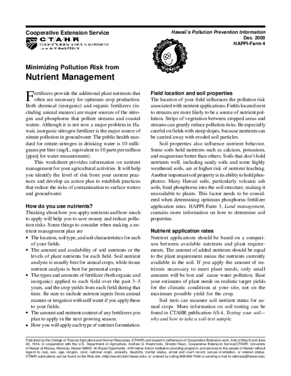 (PDF) Minimizing Pollution Risk from Nutrient Management