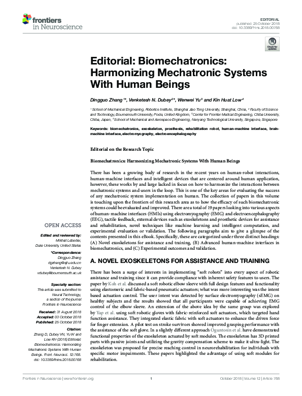 (PDF) Editorial: Biomechatronics: Harmonizing Mechatronic Systems With ...