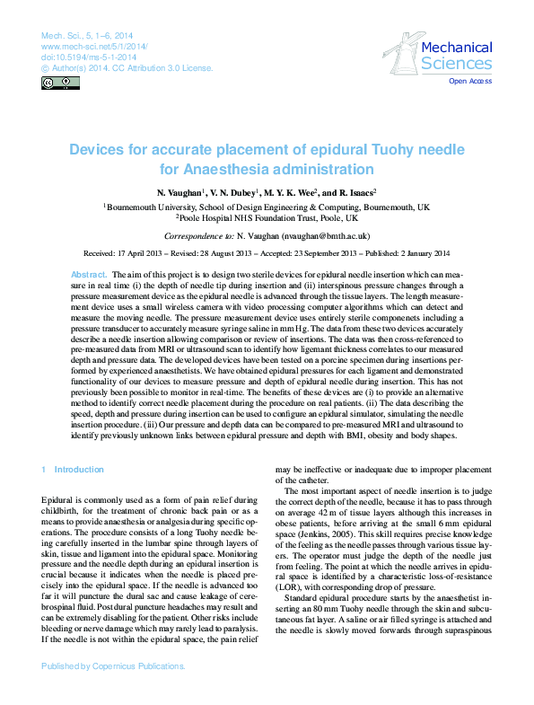 (PDF) Devices for accurate placement of epidural Tuohy needle for ...