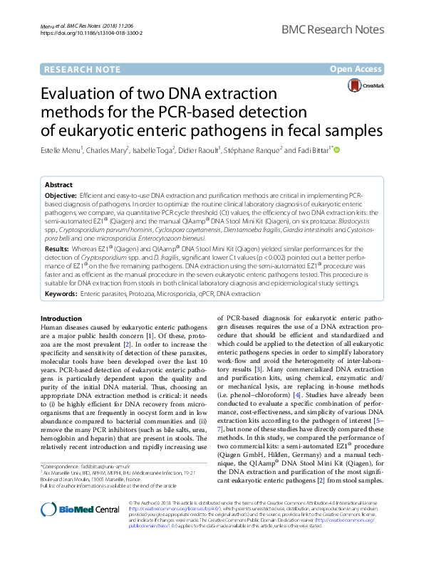 Pdf Evaluation Of Two Dna Extraction Methods For The Pcr Based Detection Of Eukaryotic Enteric