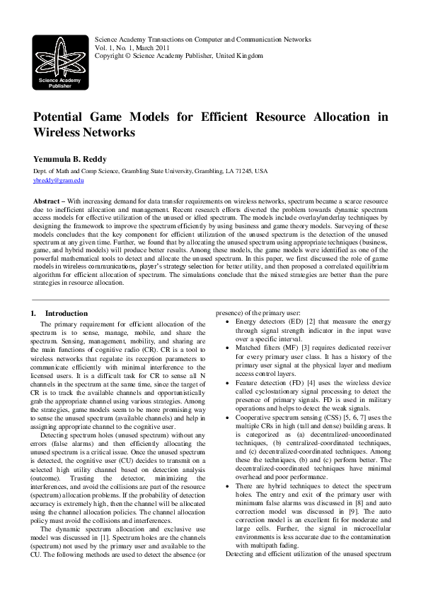 (PDF) Potential Game Models for Efficient Resource Allocation in ...