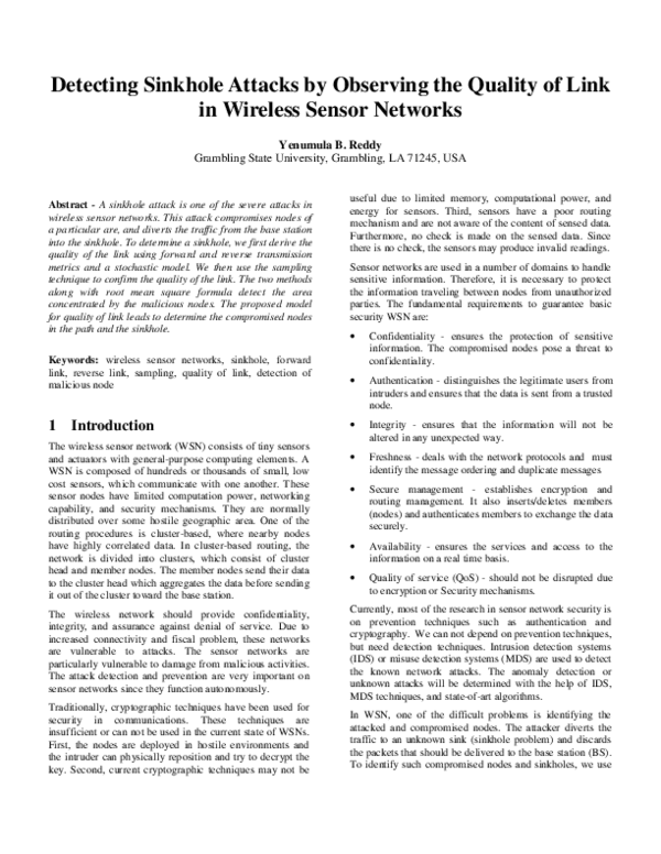 (PDF) Detecting Sinkhole Attacks by Observing the Quality of Link in Wireless Sensor Networks