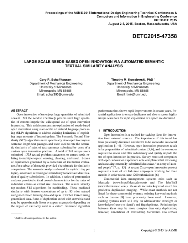 Pdf Large Scale Needs Based Open Innovation Via Automated Semantic Textual Similarity Analysis