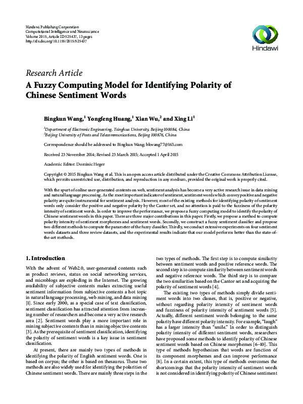 Pdf A Fuzzy Computing Model For Identifying Polarity Of Chinese Sentiment Words