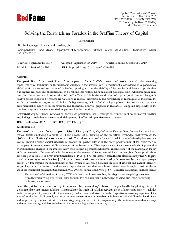(PDF) Solving the Reswitching Paradox in the Sraffian Theory of Capital