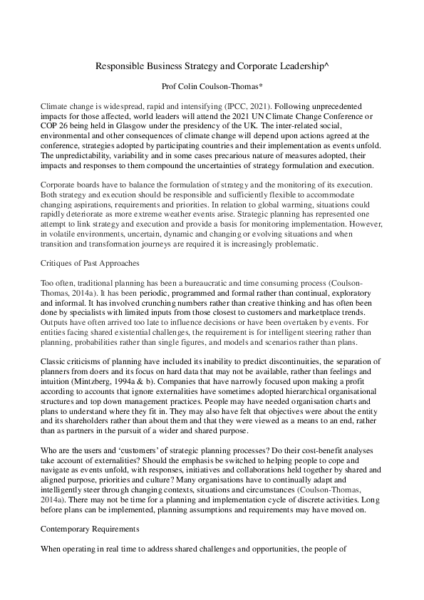 (PDF) Responsible Business Strategy and Corporate Leadership