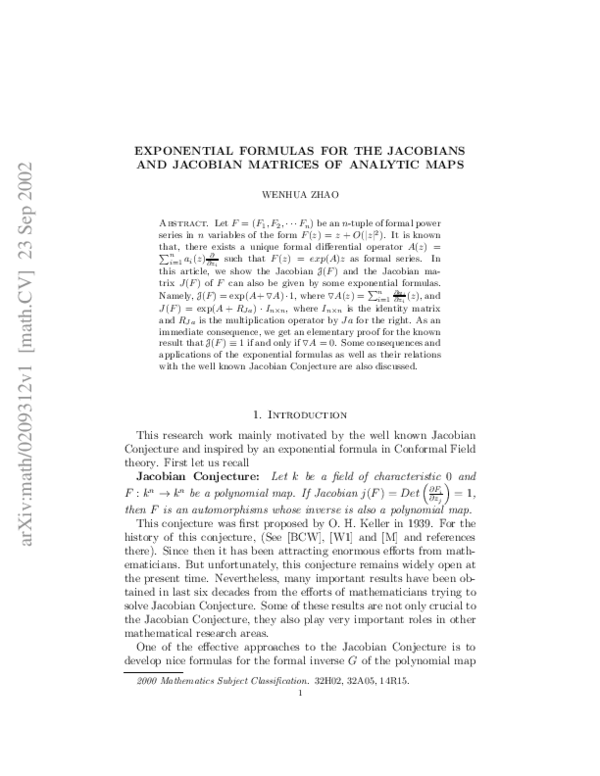 (PDF) Exponential formulas for the Jacobians and Jacobian matrices of analytic maps