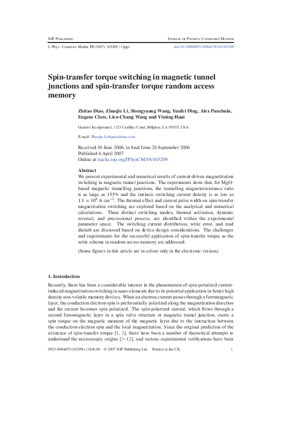 (PDF) Spin-transfer torque switching in magnetic tunnel junctions and ...