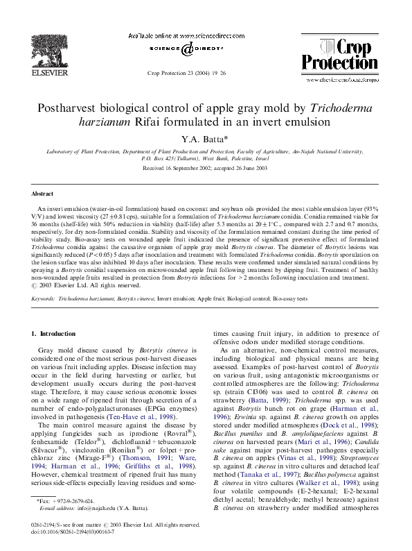 (PDF) Postharvest biological control of apple gray mold by Trichoderma harzianum Rifai ...