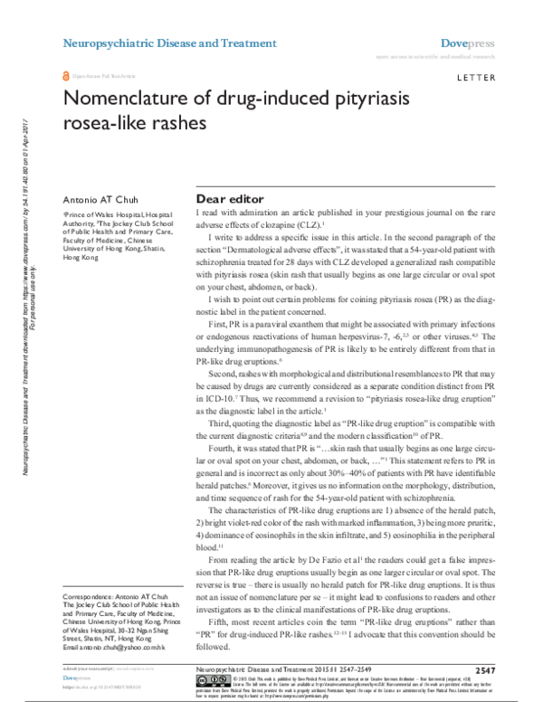 (PDF) Nomenclature of drug-induced pityriasis rosea-like rashes
