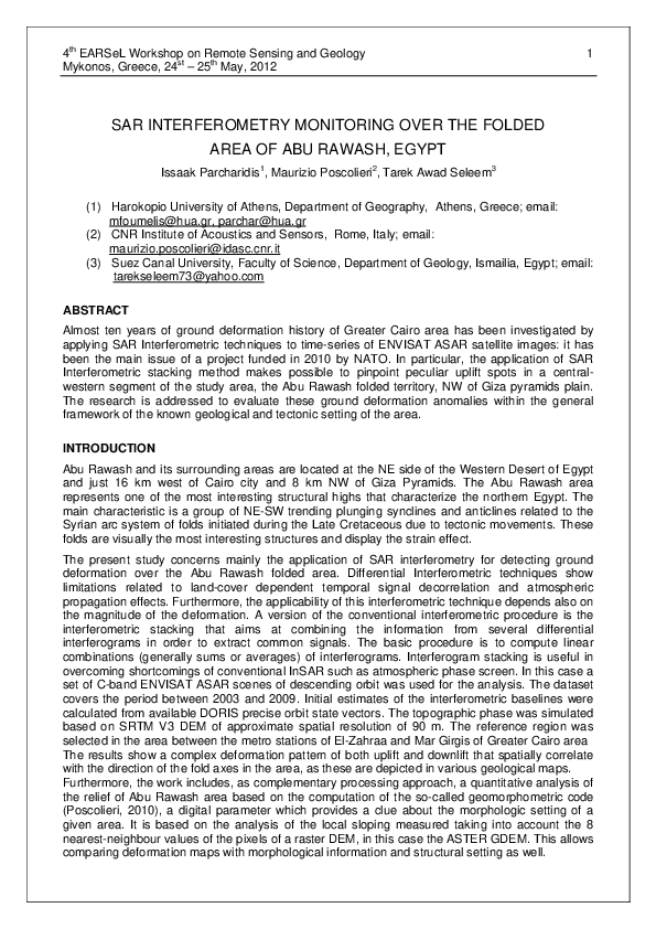 Pdf Sar Interferometry Monitoring Over The Folded Area Of Abu Rawash Egypt