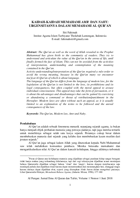 (PDF) KAIDAH-KAIDAH MEMAHAMI AMR DAN NAHY: URGENSITASNYA DALAM MEMAHAMI AL QUR'AN