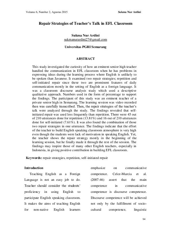 (PDF) Repair Strategies of Teacher’s Talk in EFL Classroom