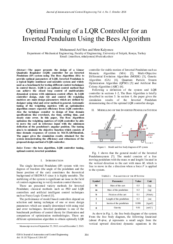 (PDF) Optimal Tuning of a LQR Controller for an Inverted Pendulum Using the Bees Algorithm