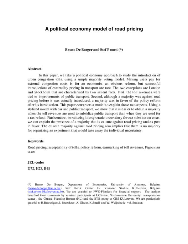 (PDF) A political economy model of road pricing