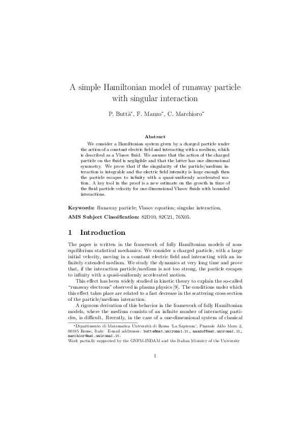 (PDF) A Simple Hamiltonian Model of Runaway Particle with Singular ...