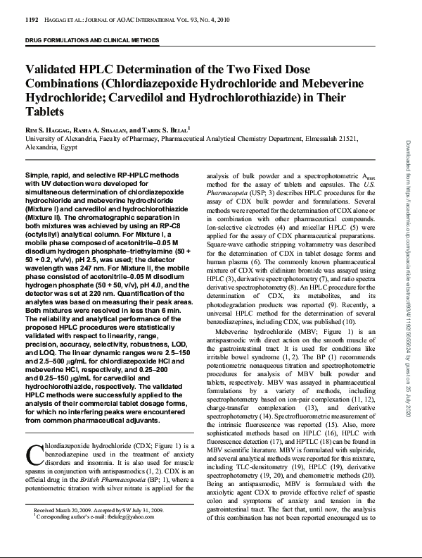 (PDF) Validated HPLC Determination of the Two Fixed Dose Combinations (Chlordiazepoxide ...