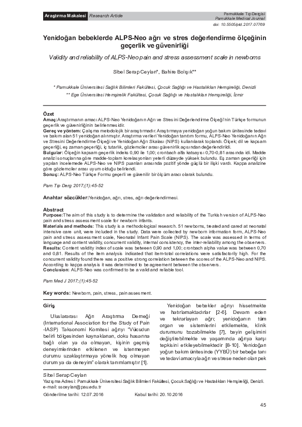 (PDF) Validity and reliability of ALPS-Neo pain and stress assessment ...