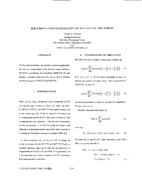 Pdf Recursive Implementation Of The Dct Iv And Dst Iv 6844