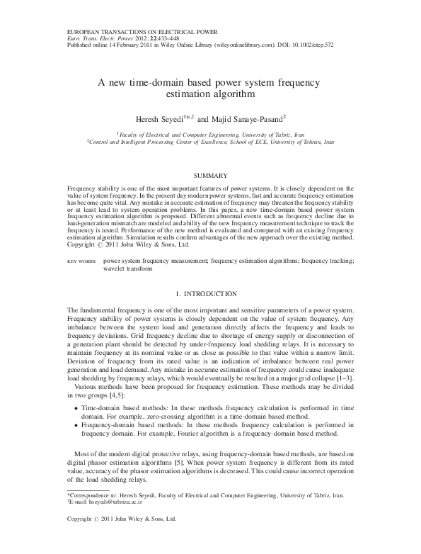 Pdf A New Time Domain Based Power System Frequency Estimation Algorithm