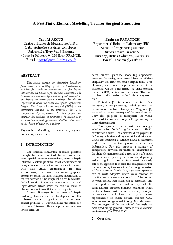 Pdf A Fast Finite Element Modelling Tool For Surgical Simulation