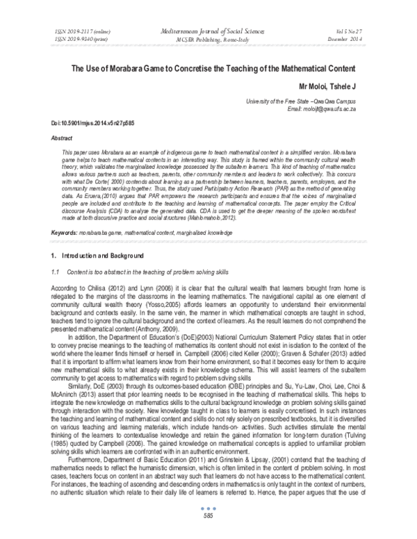 (PDF) The Use of Morabara Game to Concretise the Teaching of the ...