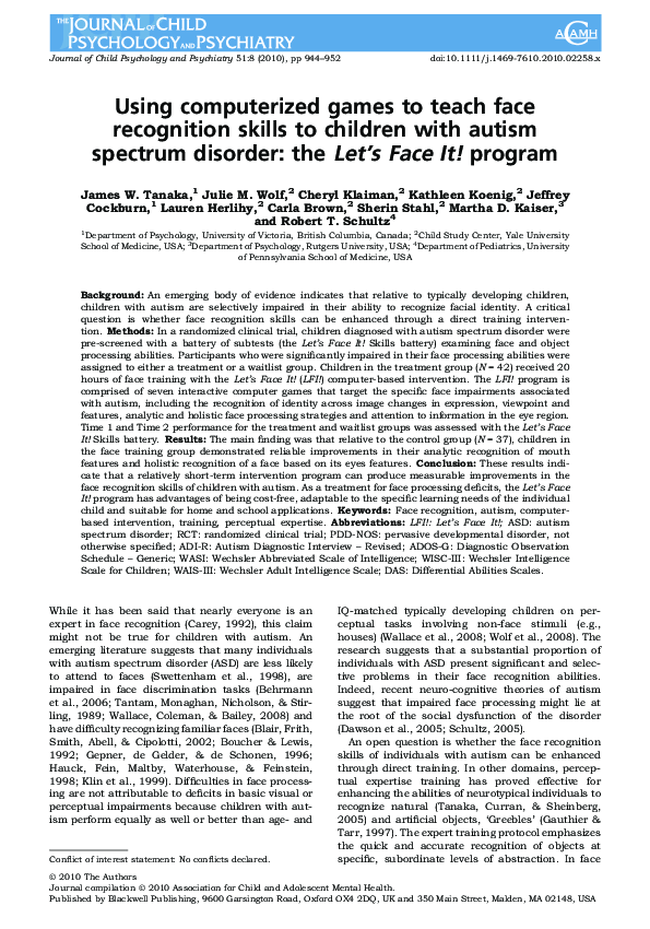 (PDF) Using computerized games to teach face recognition skills to ...