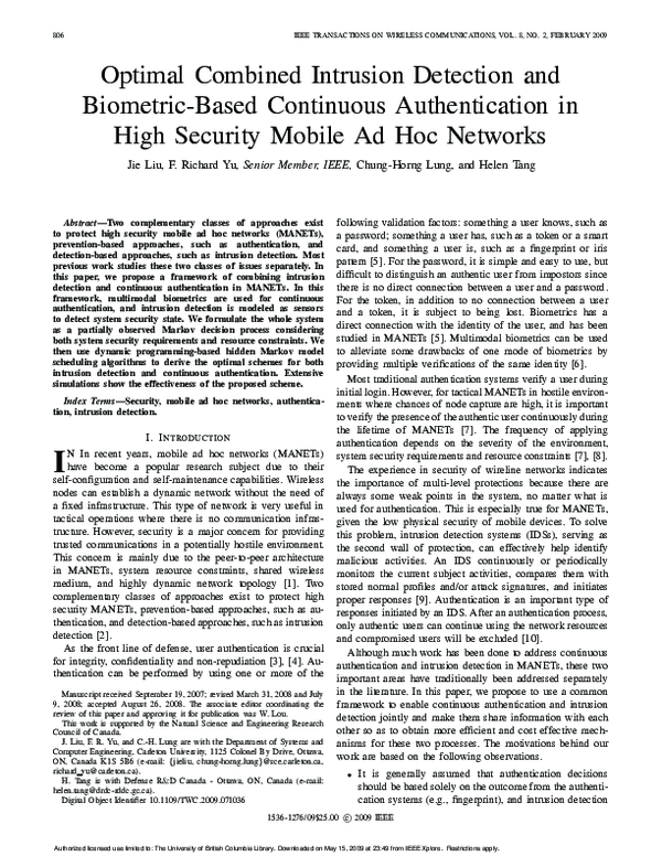 Pdf Optimal Combined Intrusion Detection And Biometric Based Continuous Authentication In High