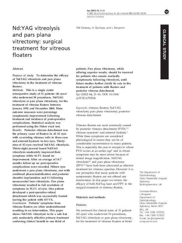 (PDF) Nd:YAG vitreolysis and pars plana vitrectomy: surgical treatment ...
