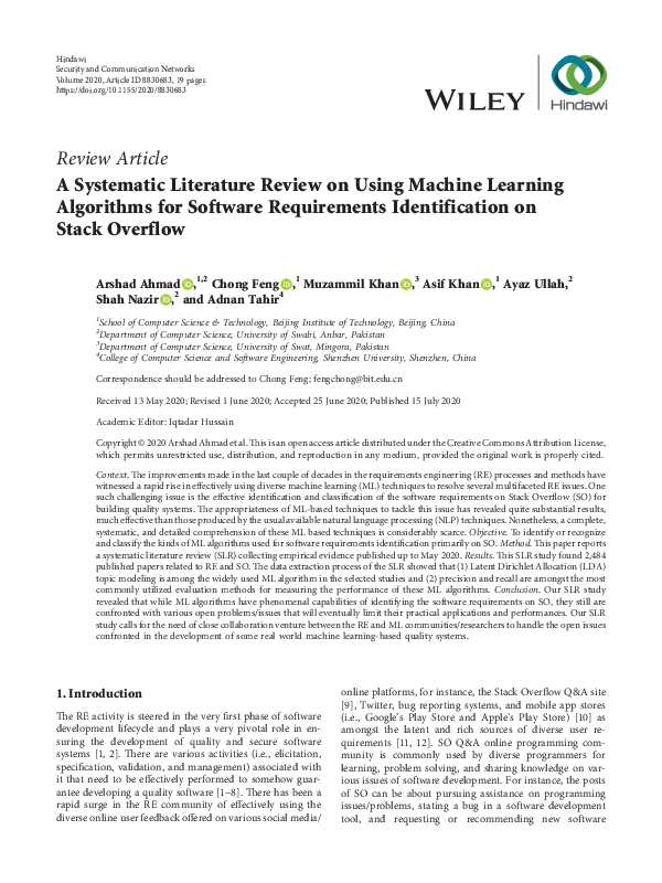 (PDF) A Systematic Literature Review on Using Machine Learning Algorithms for Software ...