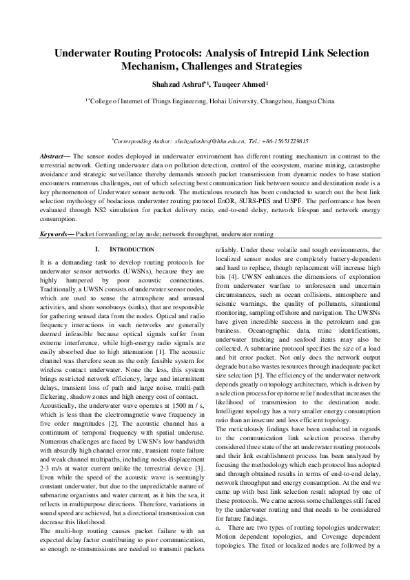 Pdf Underwater Routing Protocols Analysis Of Intrepid Link Selection