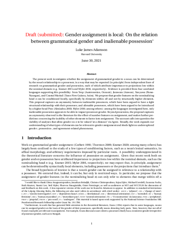 (PDF) Gender assignment is local: On assignment and inalienable possessors