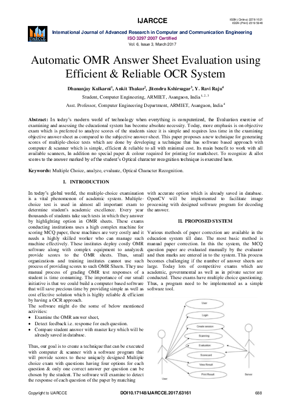 Pdf Automatic Omr Answer Sheet Evaluation Using Efficient And Reliable