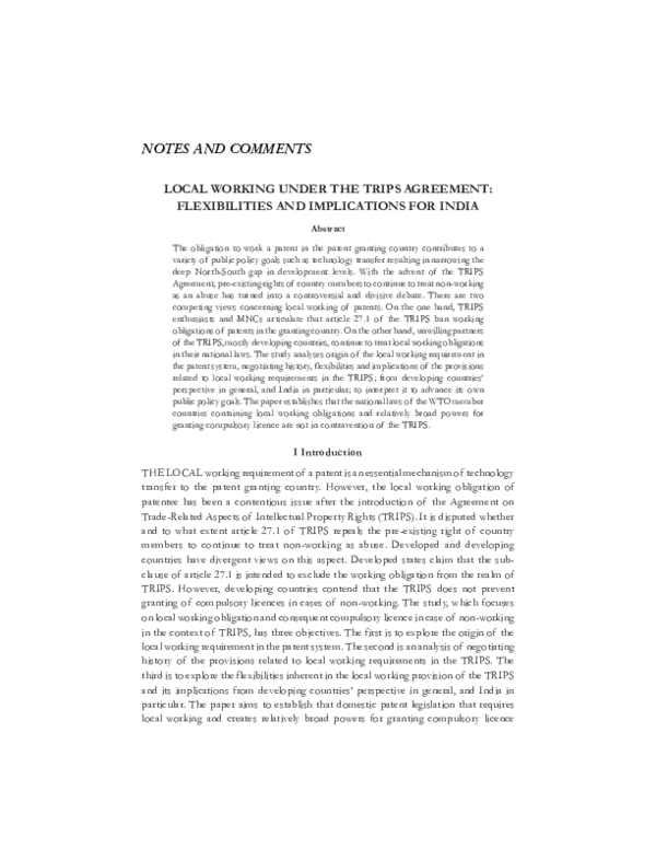 LOCAL WORKING UNDER THE TRIPS AGREEMENT: FLEXIBILITIES AND IMPLICATIONS ... LOCAL WORKING UNDER THE TRIPS AGREEMENT: FLEXIBILITIES AND IMPLICATIONS ...