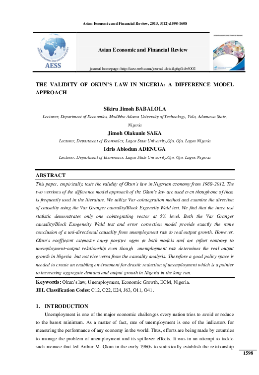 (PDF) The Validity of Okun's Law in Nigeria: A Difference Model Approach