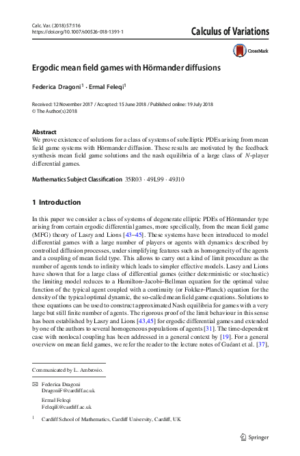 (PDF) Ergodic mean field games with Hörmander diffusions | Ermal Feleqi - Academia.edu