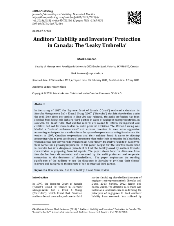 (PDF) Auditors’ Liability and Investors’ Protection in Canada: The ...