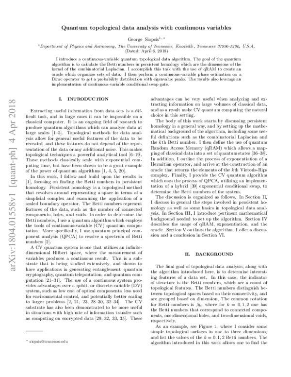 (PDF) Quantum topological data analysis with continuous variables