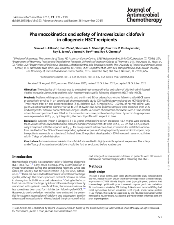 (PDF) Pharmacokinetics and safety of intravesicular cidofovir in ...