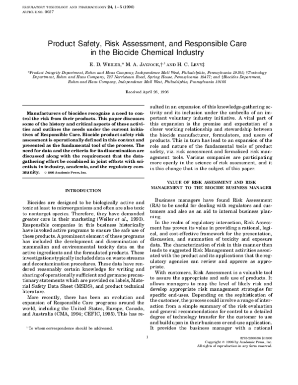 (PDF) Product Safety, Risk Assessment, and Responsible Care in the ...