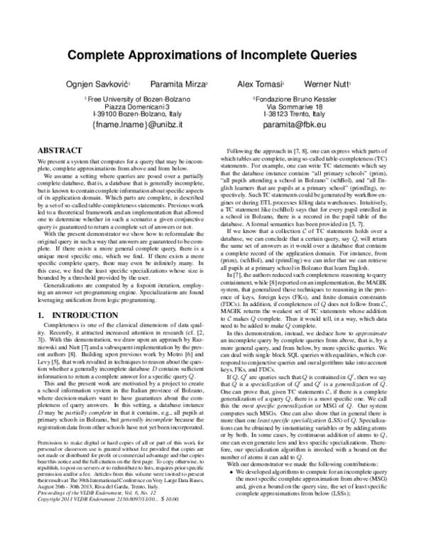 (PDF) Complete approximations of incomplete queries