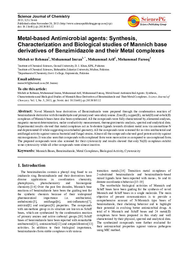 (PDF) Metal-based Antimicrobial Agents: Synthesis, Characterization and Biological Studies of ...