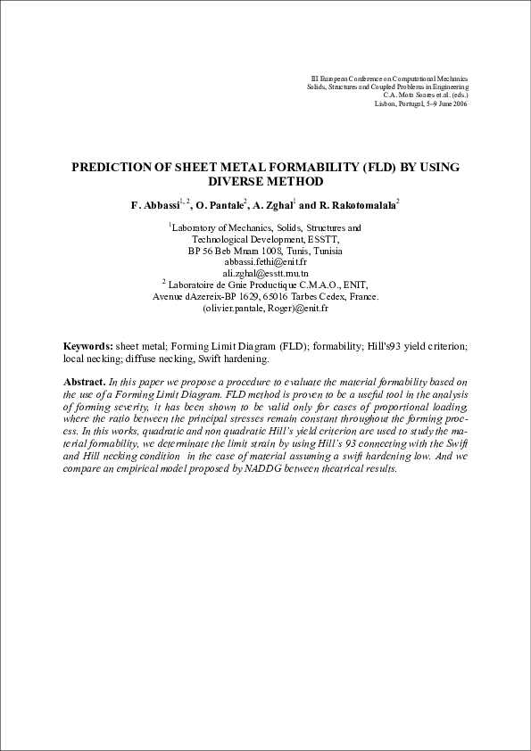 Pdf Prediction Of Sheet Metal Formability Fld By Using Diverse Method