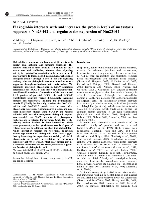 (PDF) Plakoglobin interacts with and increases the protein levels of ...