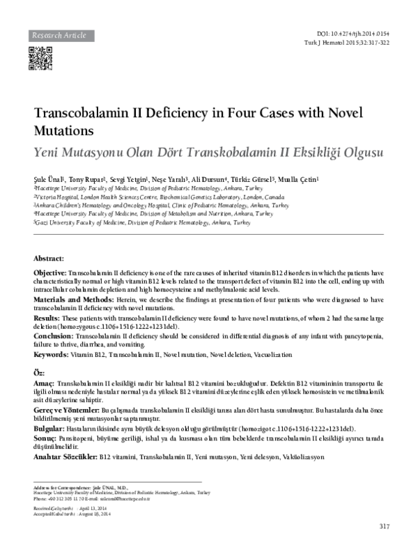 (PDF) Transcobalamin II Deficiency in Four Cases with Novel Mutations