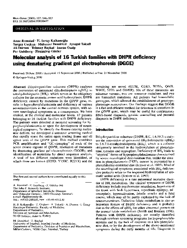 (PDF) Molecular analysis of 16 Turkish families with DHPR deficiency ...